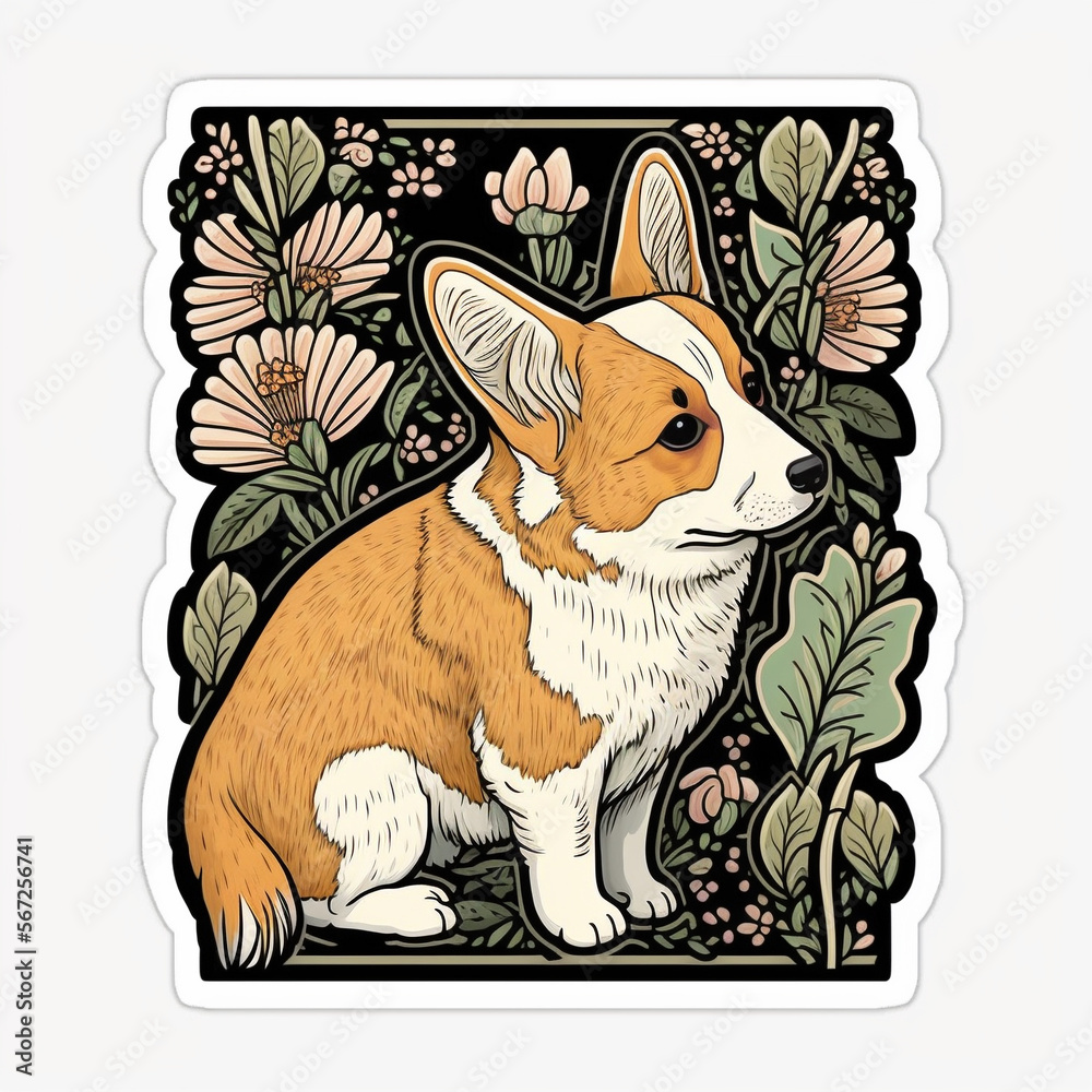 Beautiful sticker with cute chibi Pembroke Welsh Corgi dog and flowers ...