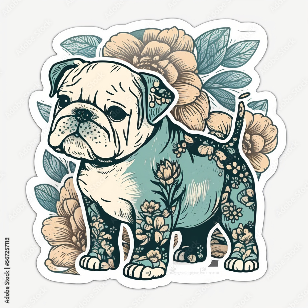 Beautiful sticker with cute chibi Bulldog puppy and flowers in retro ...