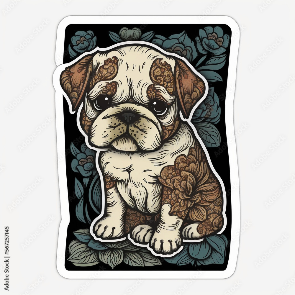 Beautiful sticker with cute chibi Bulldog puppy and flowers in retro ...