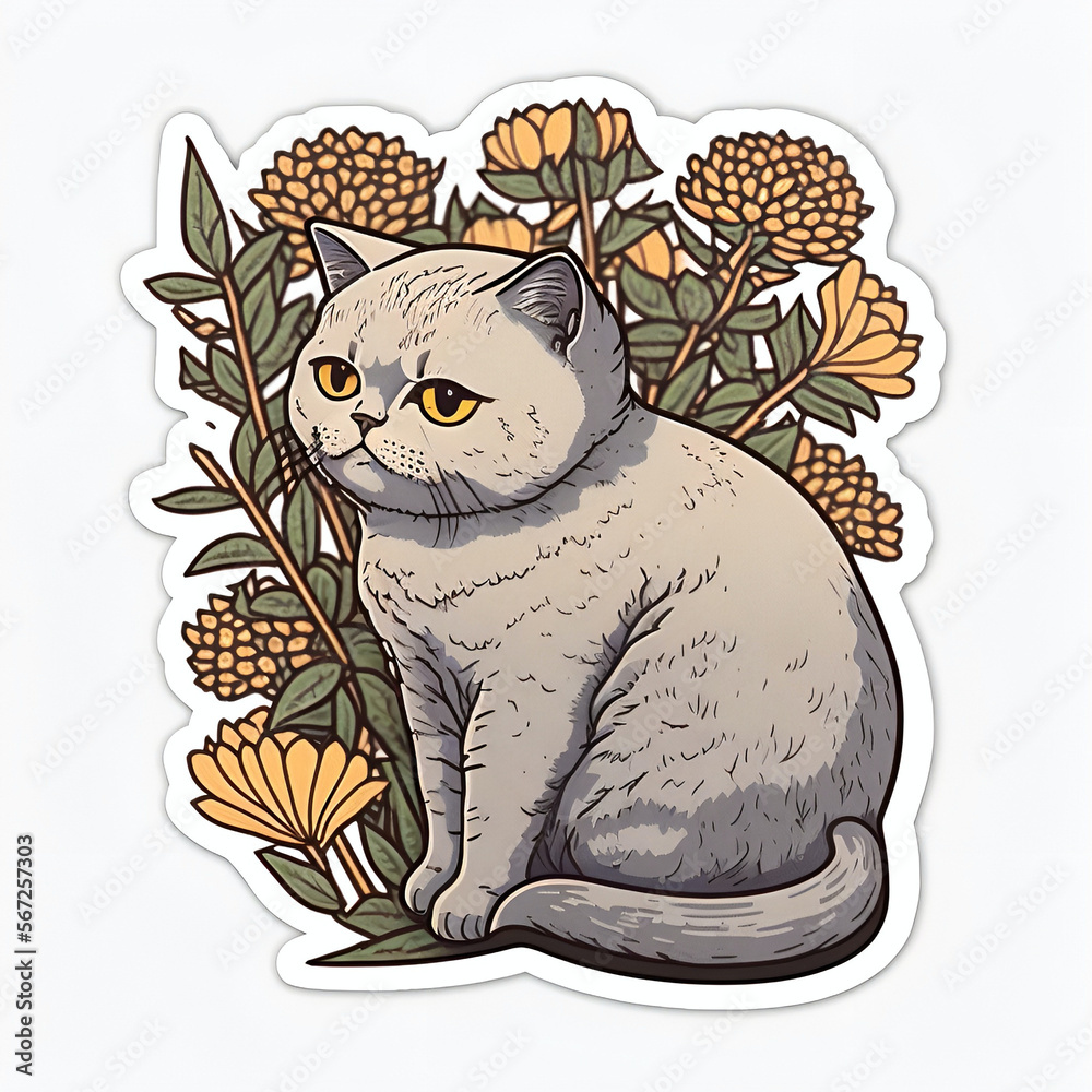Beautiful sticker with cute chibi British shorthair cat and flowers in ...