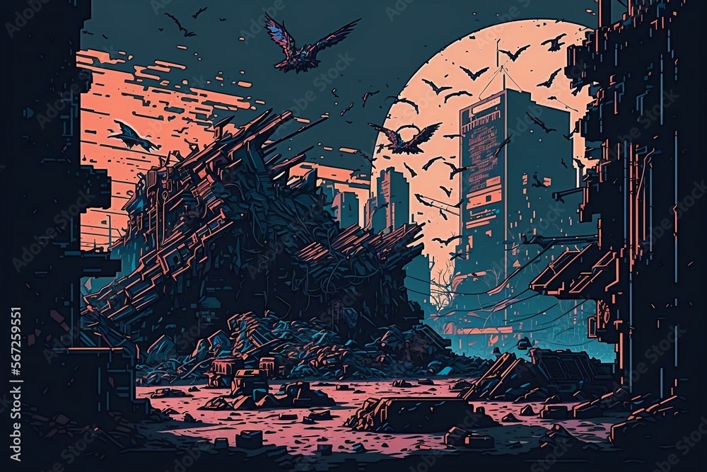 pixel art, destroyed crumbled city, cityscape, destruction, cyberpunk style. generative AI ...
