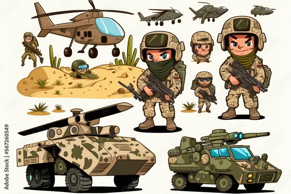 set of army action,cartoon soldier, white background, Made by AI ...