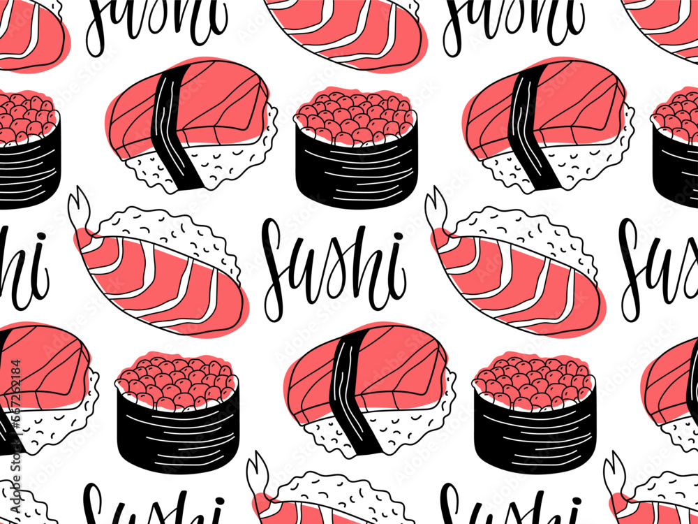 Seamless Japan food pattern. Sushi different types with calligraphy ...