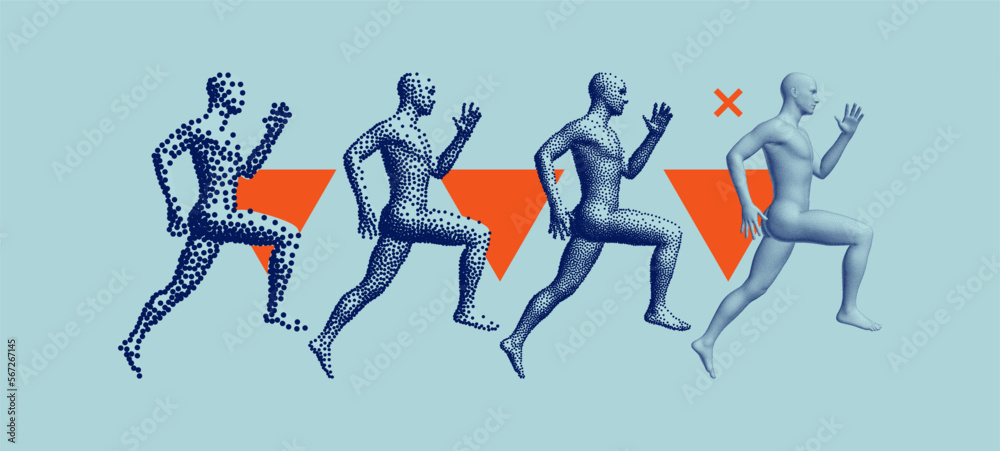 Running man or marathon runner in сoarse and fine style. 3D human body ...