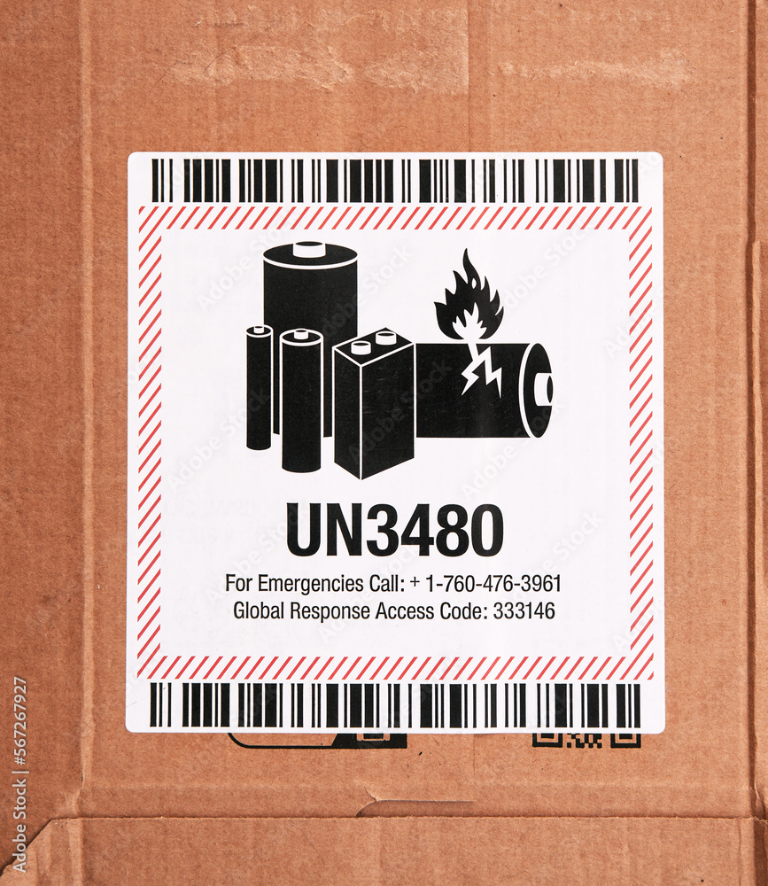 Battery warning label on a package for transporting flammable metal ...
