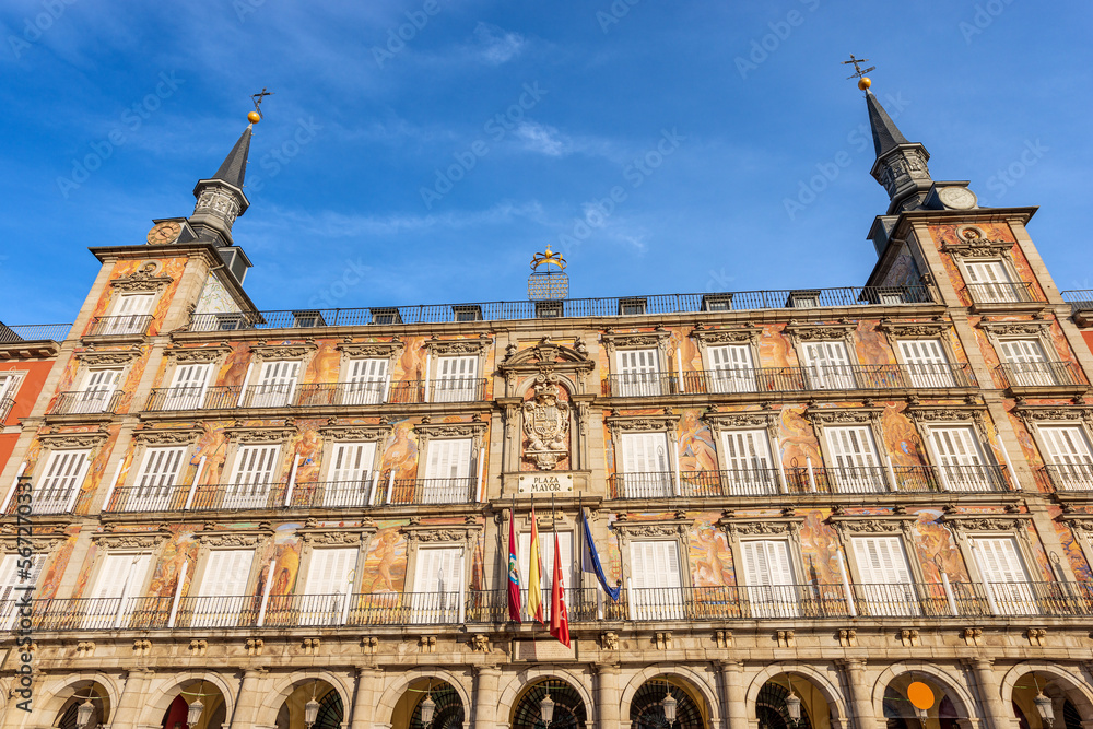 Madrid downtown, Plaza Mayor (main square), facade of the Casa De La ...