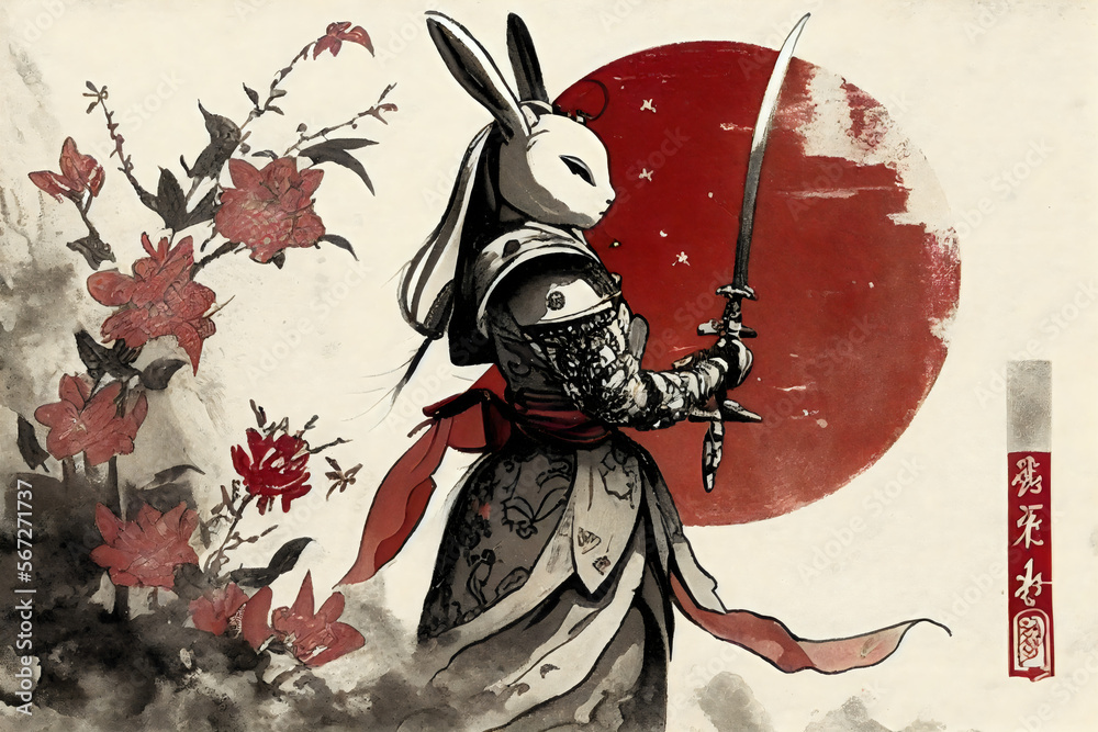 rabbit general, moon, ink painting Stock Illustration | Adobe Stock