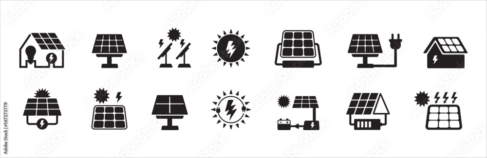 Electricity icon set. Solar panel electric generation icons. Green ...