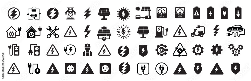 Electricity icon set. Solar panel electric generation icons. Green ...
