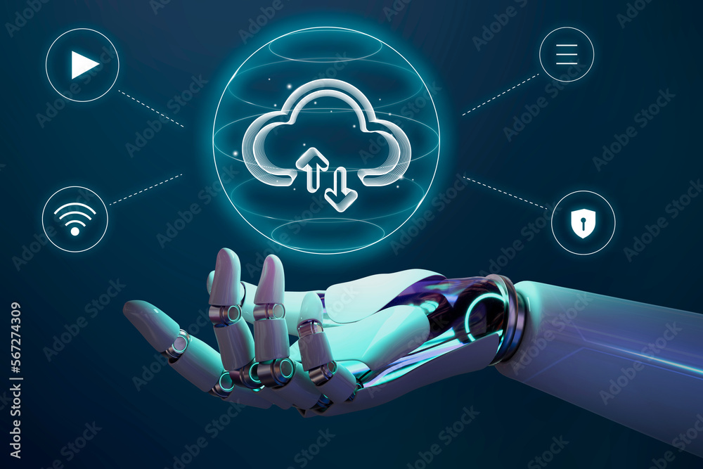 Robot holding icon cloud computing network and data information in hand ...