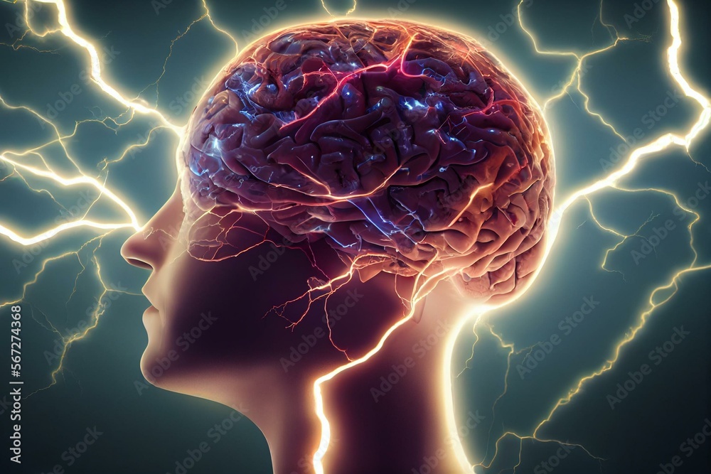 Brainstorming. Human brain and lightning . Person amidst storm and ...