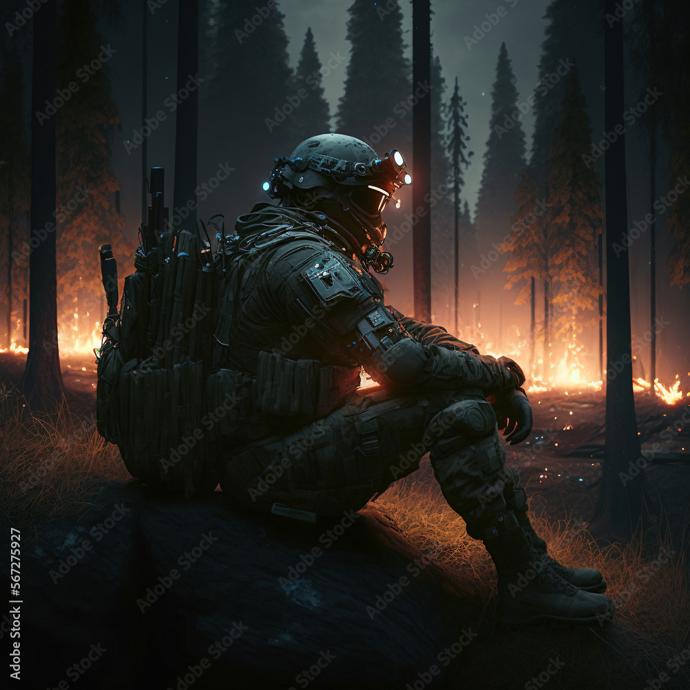 Soldier with an assault rifle and tactical gear, sitting near a ...