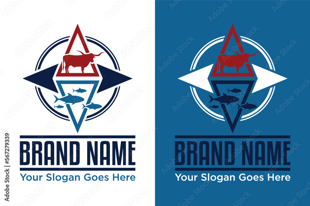 longhorn fish compass illustration logo design Stock Vector | Adobe Stock