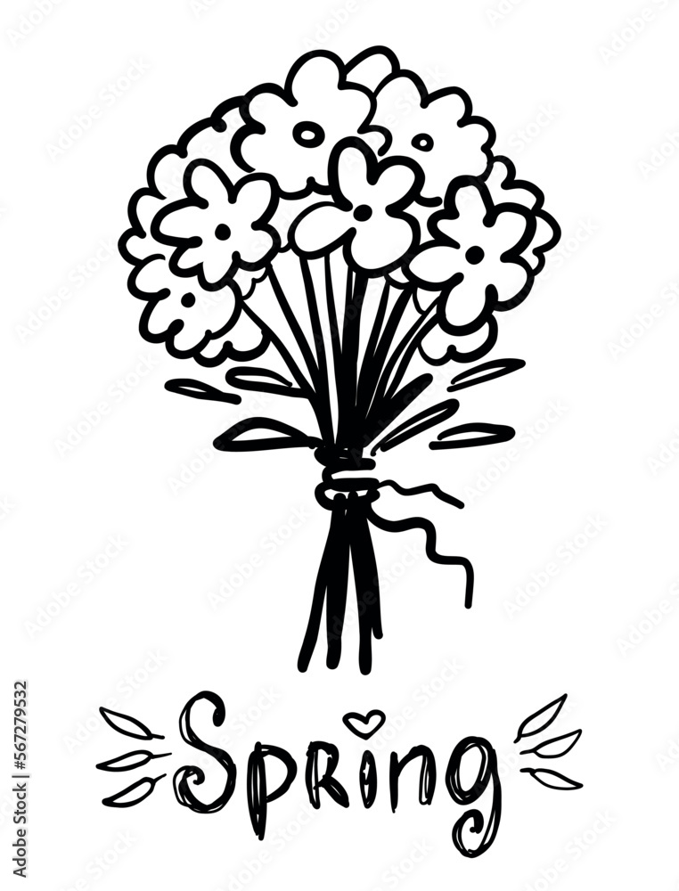 Outline bouqet of spring flowers isolated on white background ...