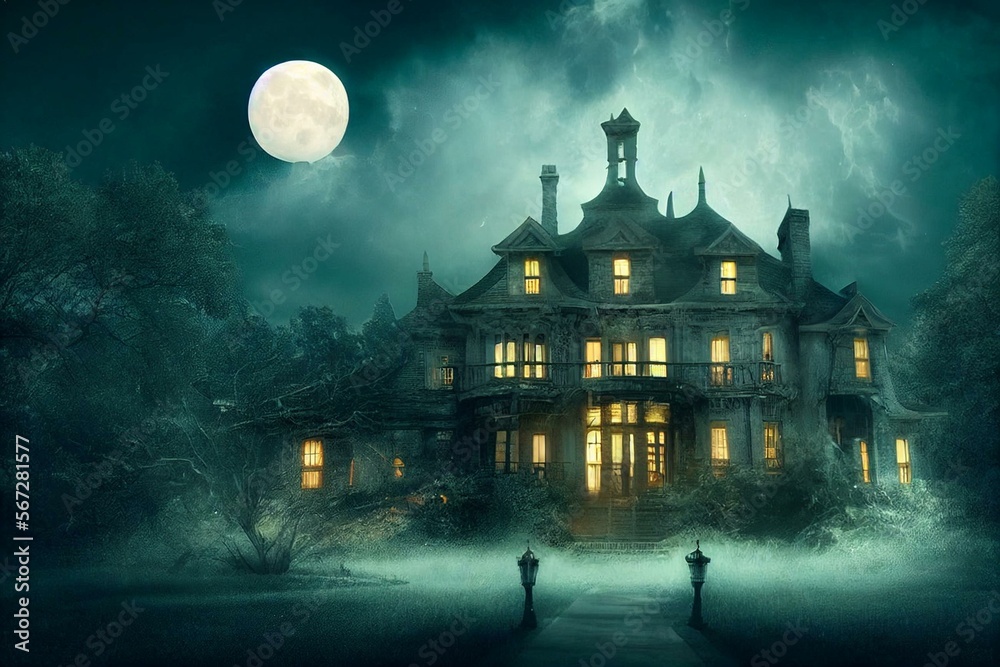 Haunted Mansion with a Stormy Sky. Full moon. Horror sky with glowing ...