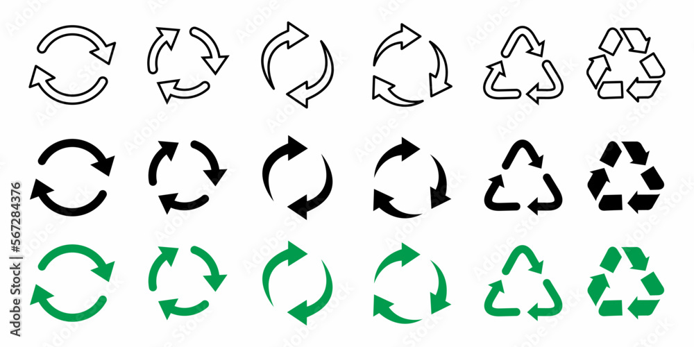 Set of symbols and signs for design recycling, green and black symbols ...