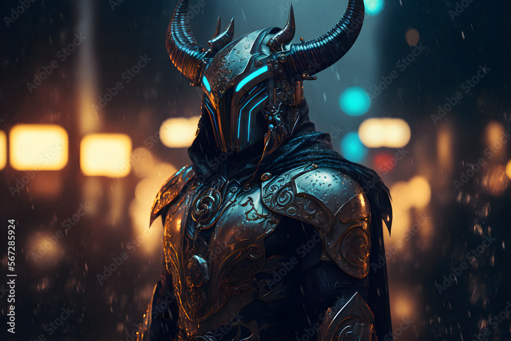 Futuristic viking in a futuristic armor at night on background. Nordic ...