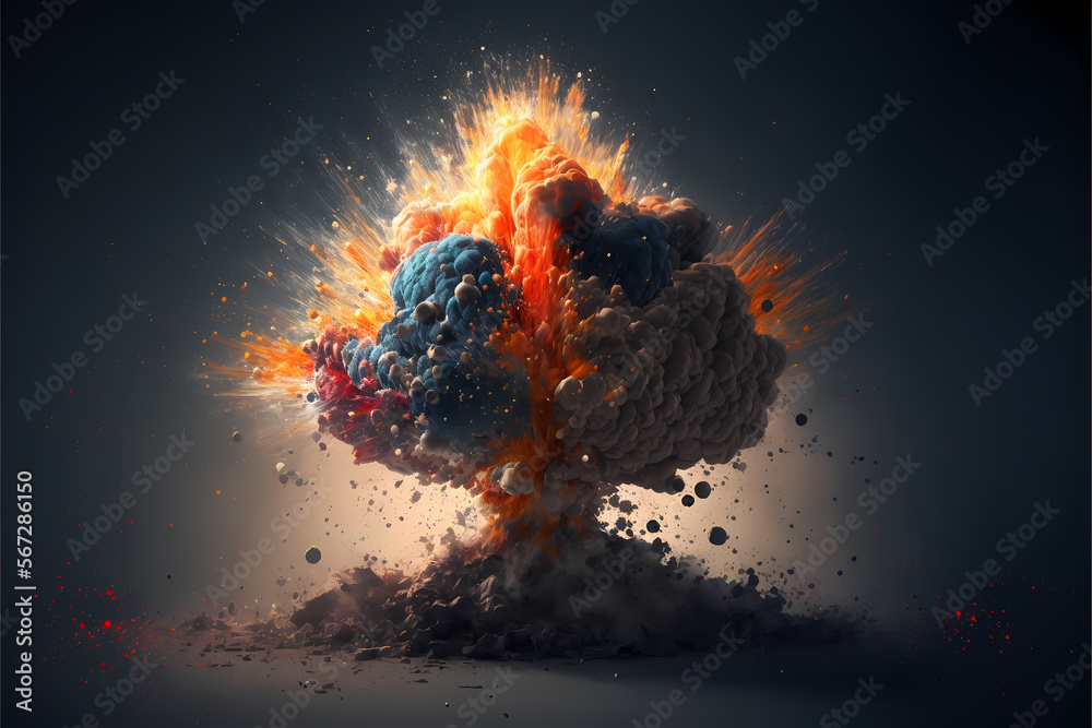 Explosion with color, rubble debris exploding blast, dust smoke and ...