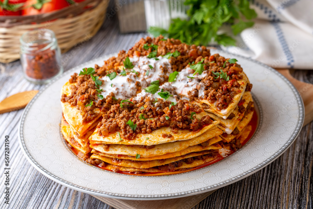 Turkish Food Kayseri Yaglama with Minced Meat, Yogurt and Tomato Paste ...
