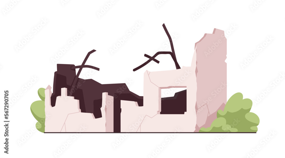 Destroyed demolished building. Broken ruined cracked walls, rebars of ...