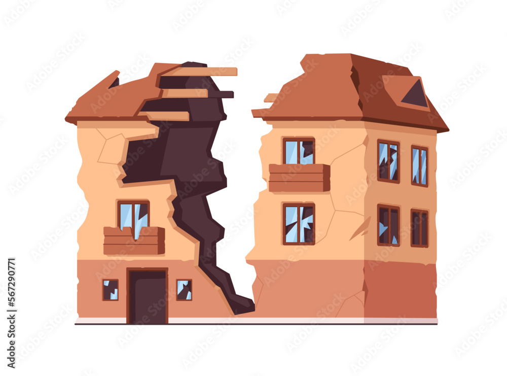 Damaged broken building with cracked windows, destroyed walls. Split ... Damaged broken building with cracked windows, destroyed walls. Split ...