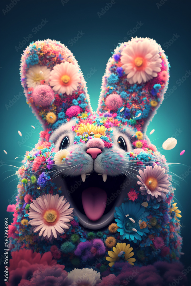 bunter lachender Osterhase mit bunten Blumen im Fell, generative AI ...