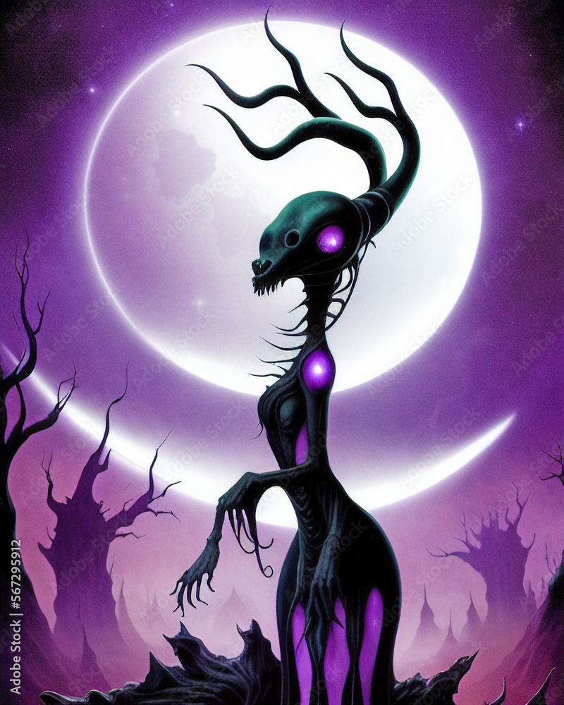 Side profile of a skeleton creature with bony fingers, a glowing skull ...