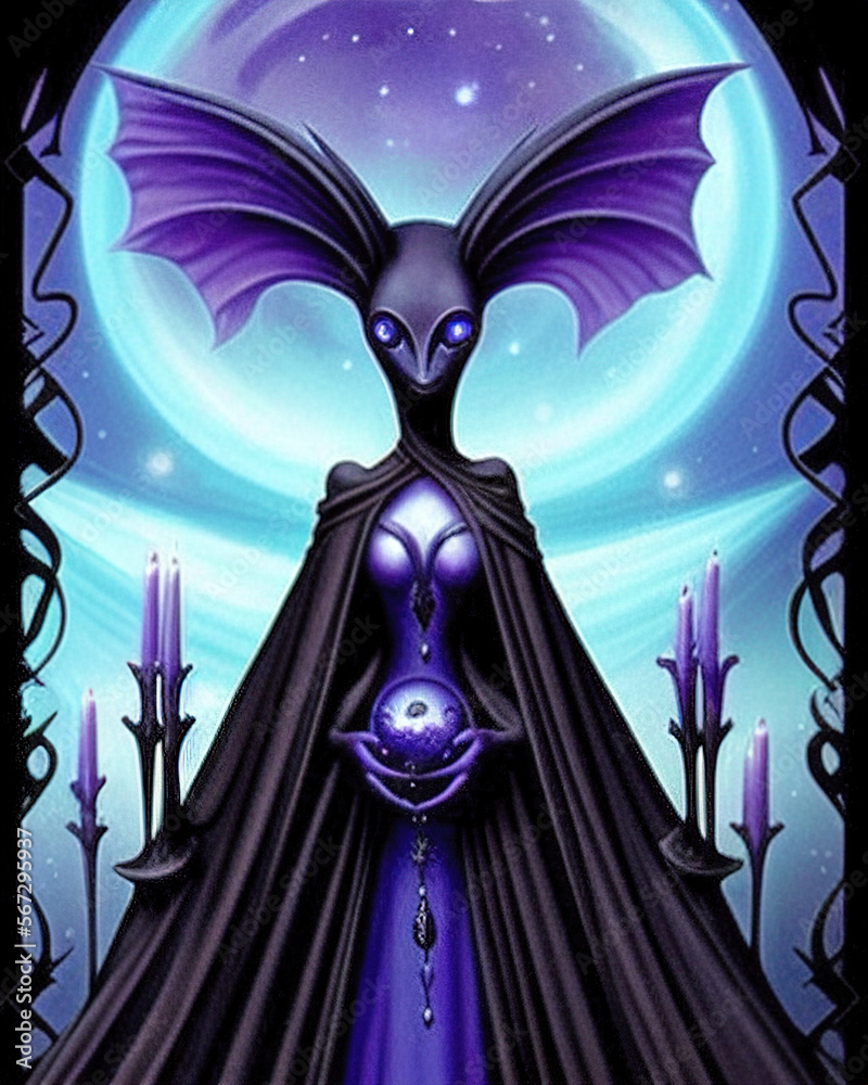 Fantasy witch creature with flowing cape and large bat ears stands in a ...