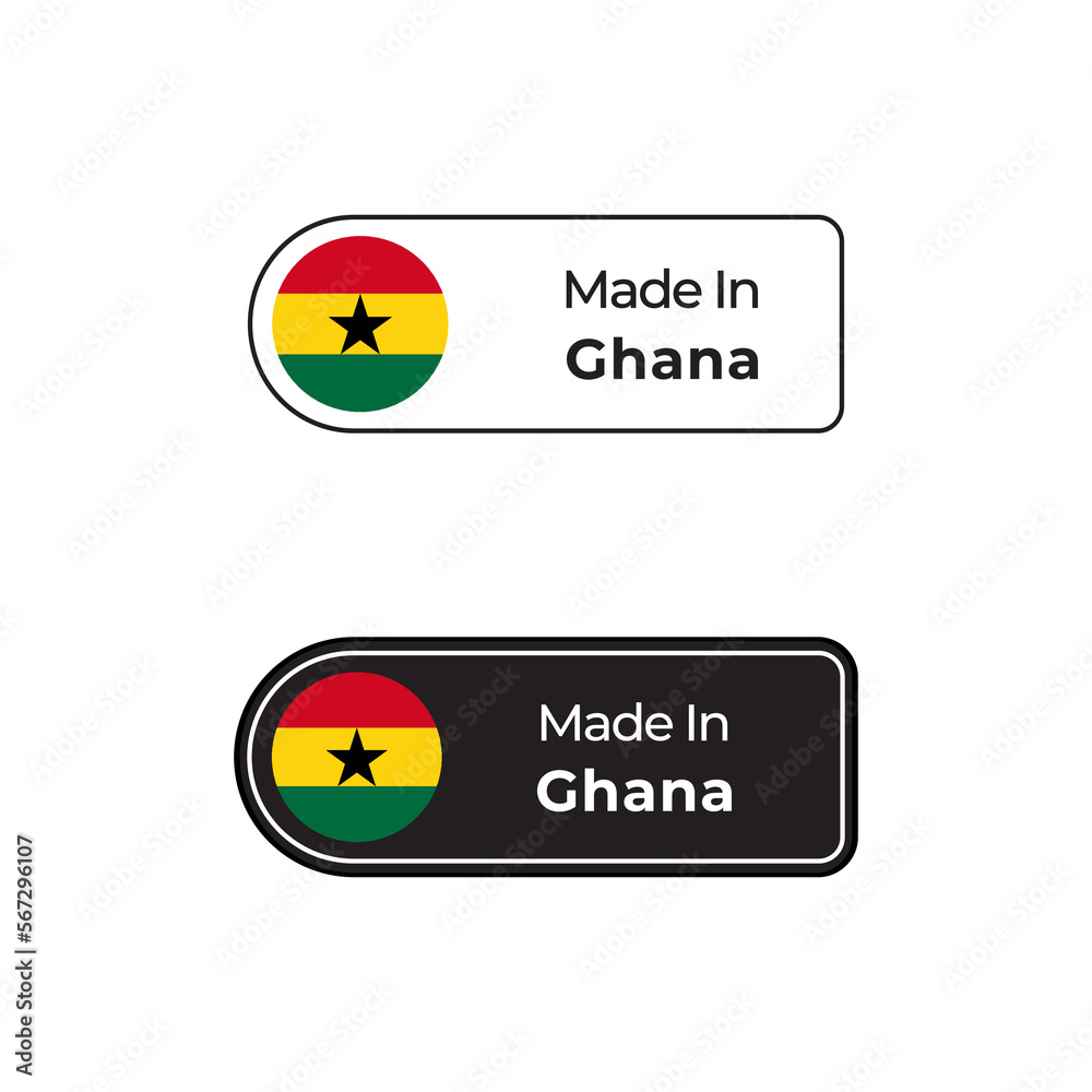 Made in Ghana labels design set with flag and text in two different ...