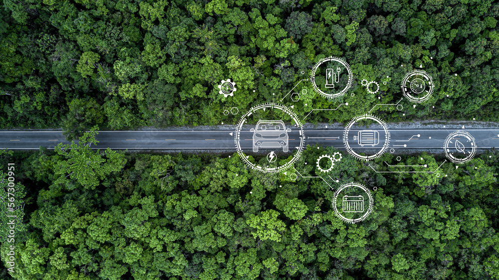 Eco car on forest road going through forest, Ecosystem ecology healthy ...