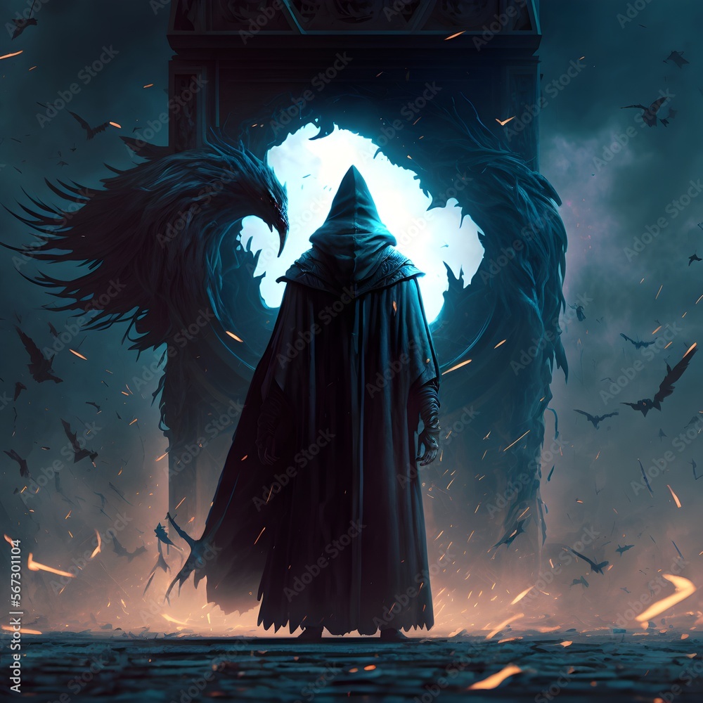 Tall robed man standing by a magical altar in a tornado of magical ...