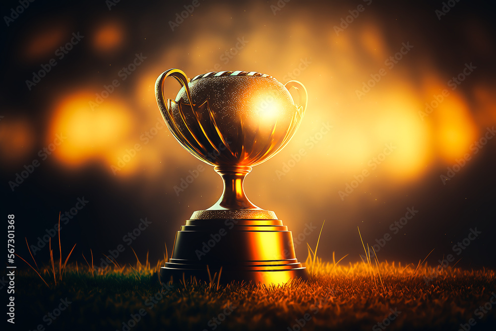 Gold winners award, Trophy at award ceremony on grass of football filed ...