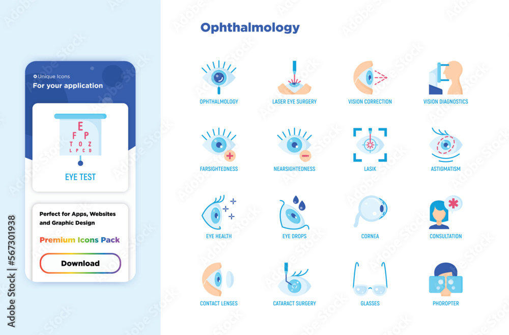 Ophthalmology flat icons set: laser eye surgery, eye test, eye drops ...