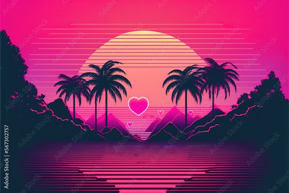Retrofuturistic cyber landscape of arcade video game with heart ...
