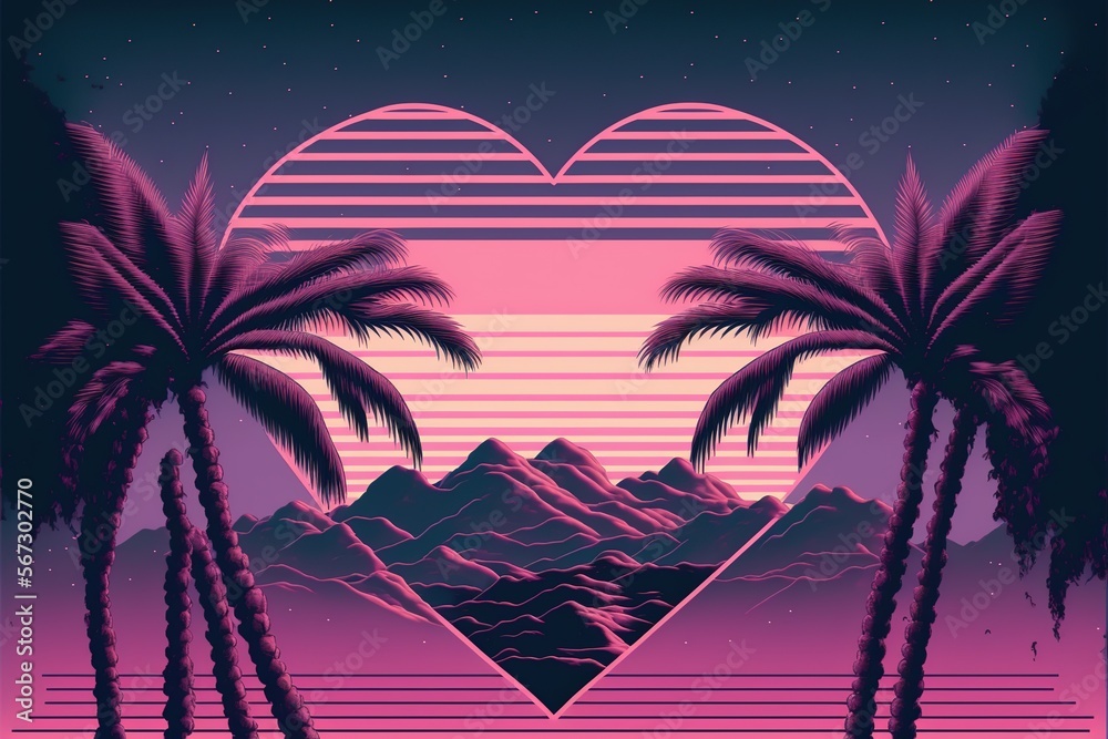 Retrofuturistic cyber landscape of arcade video game with heart ...