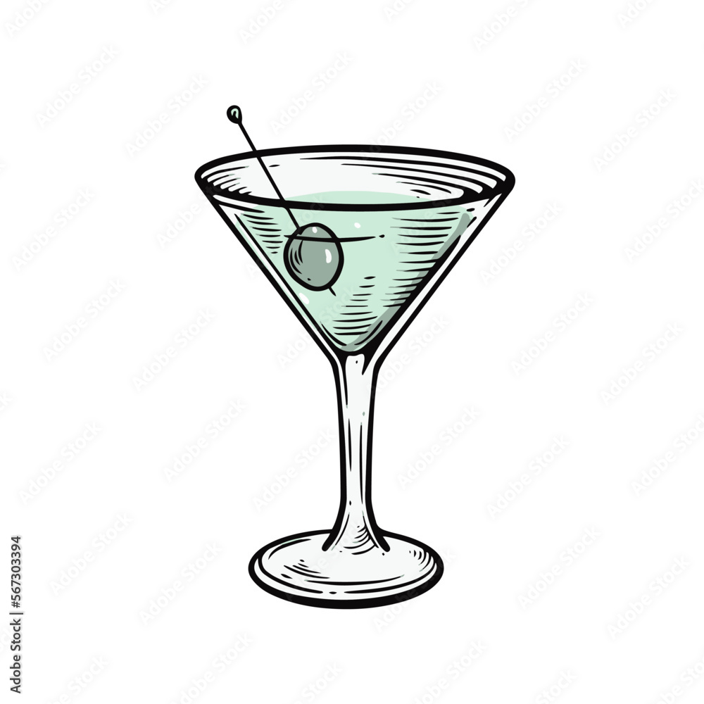 Vetor de Martini cocktail engraving style hand drawn cartoon vector art ...