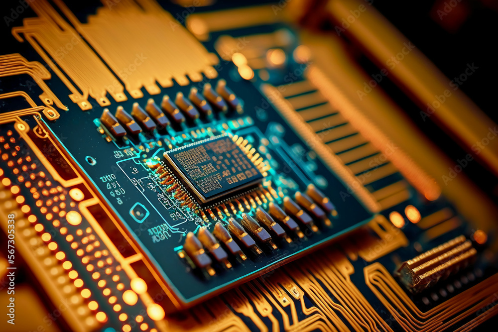 Depth of field surface of a microchip diodes resistors. Generative AI ...