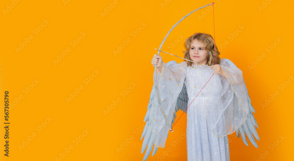 Angel with bow and arrow. Little angel. Portrait of cute kid with angel ...