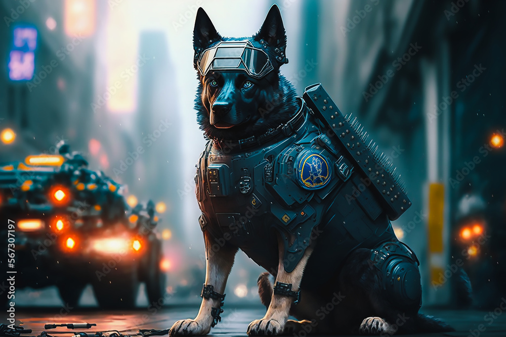 dog police robot in city, futuristic, Generative AI Stock Illustration ...