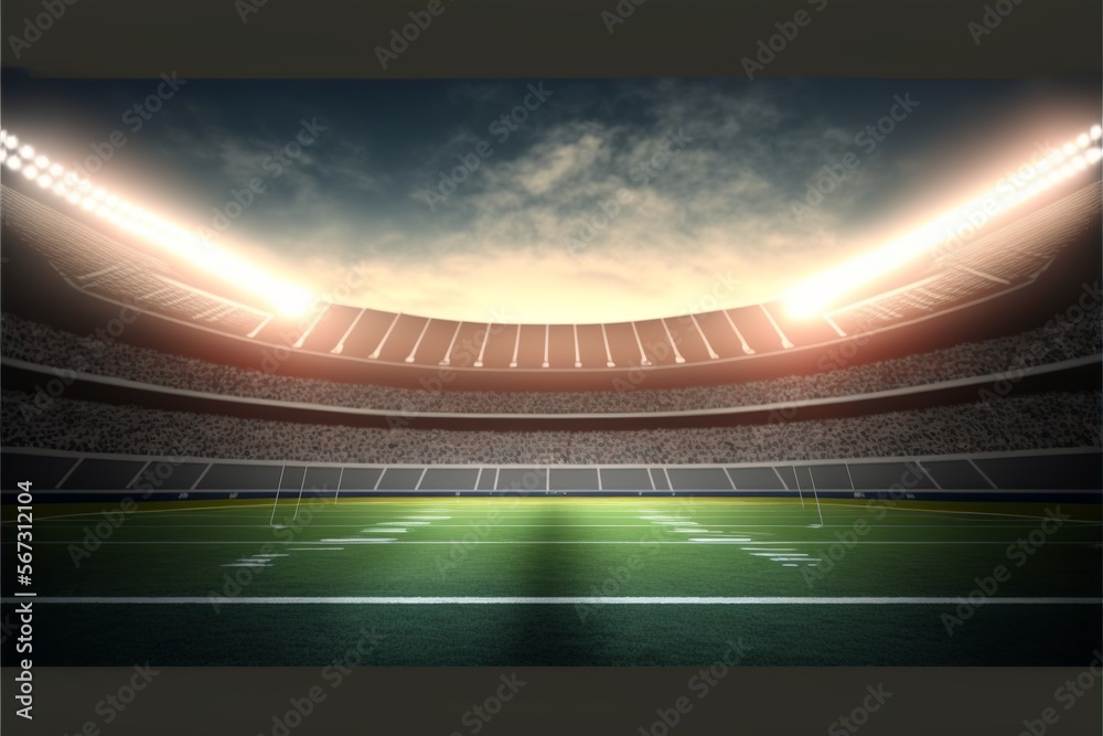 american football stadium background with lights and blur. green field ...