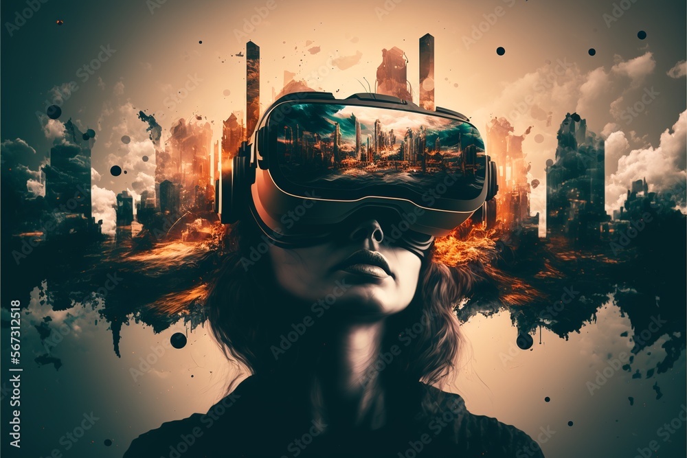 vr headset concept, double exposure meta world, concept, technology ...