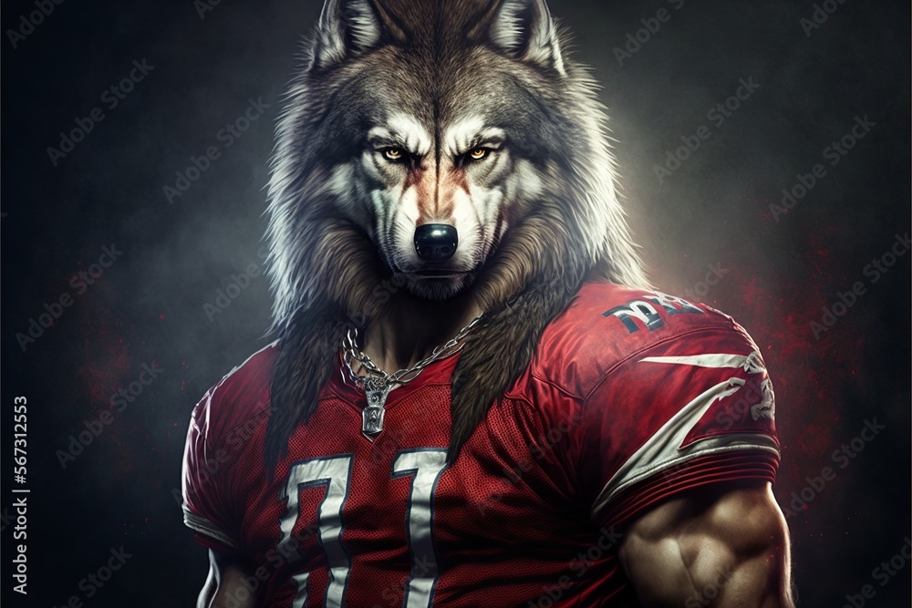 wolf as a american football player dressed with a red uniform for a ...