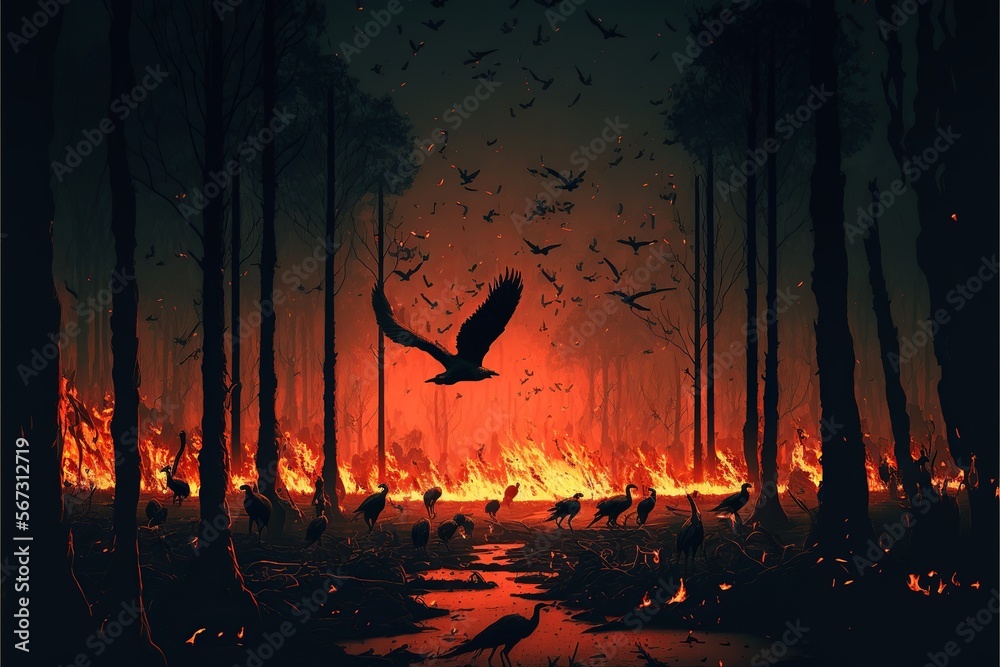 forest on fire, animals fleeing, destruction of fauna and flora Stock ...