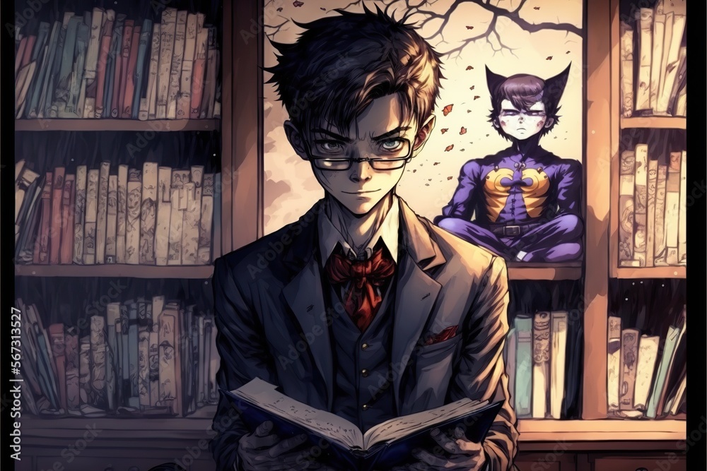 evil anime character boy in a library with an evil portrait in ...