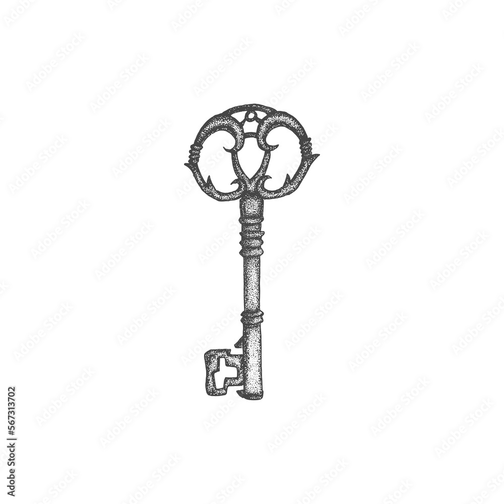 Vintage drawing of old ancient door key. Old key sketch isolated on ...