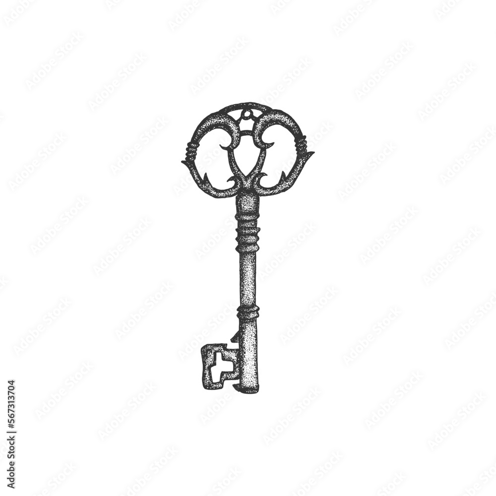 Vintage drawing of old ancient door key. Old key sketch isolated on ...