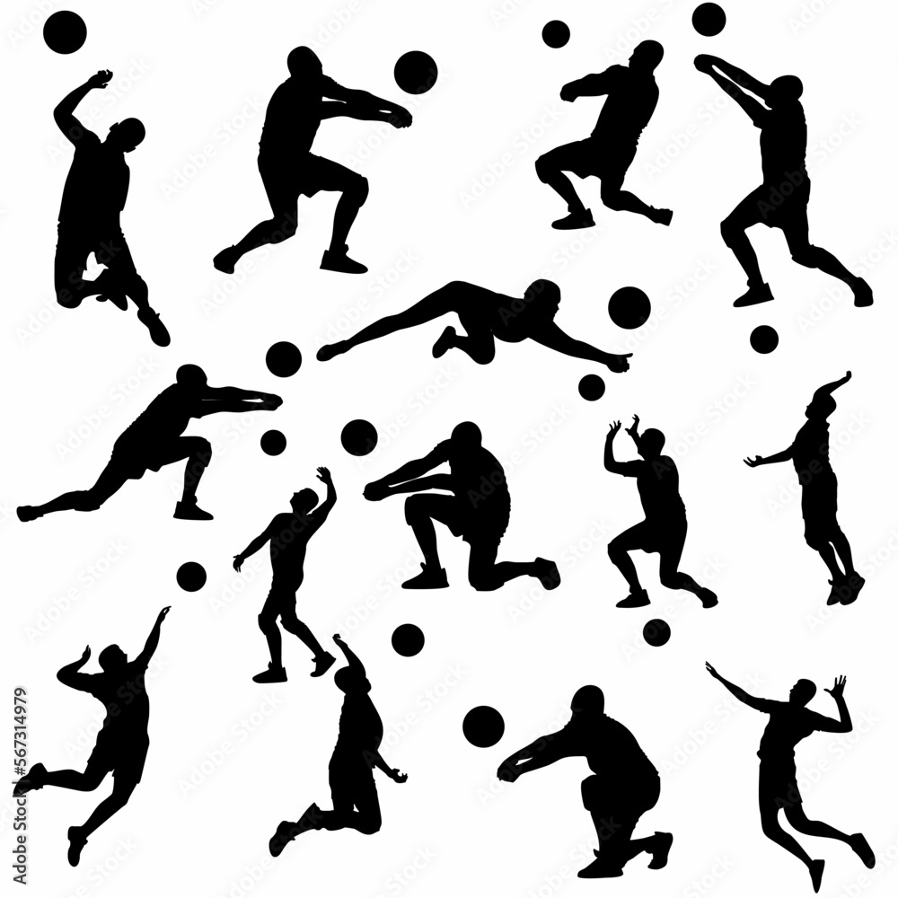 set of silhouettes of men playing volleyball, white background Stock ...