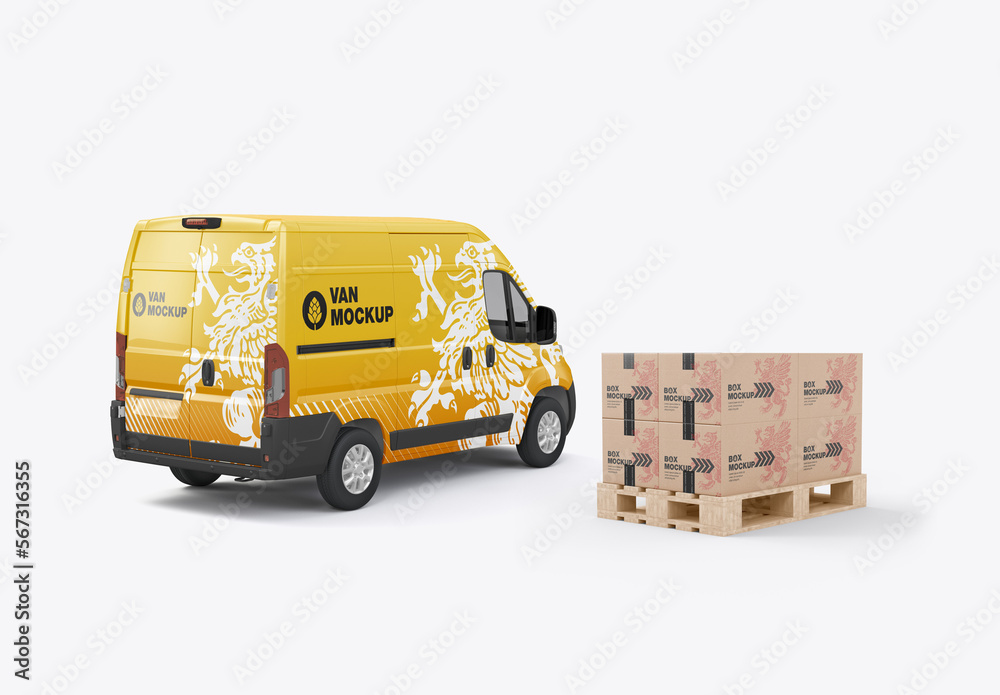 Panel Van with Pallet and Boxes Mockup Stock Template | Adobe Stock