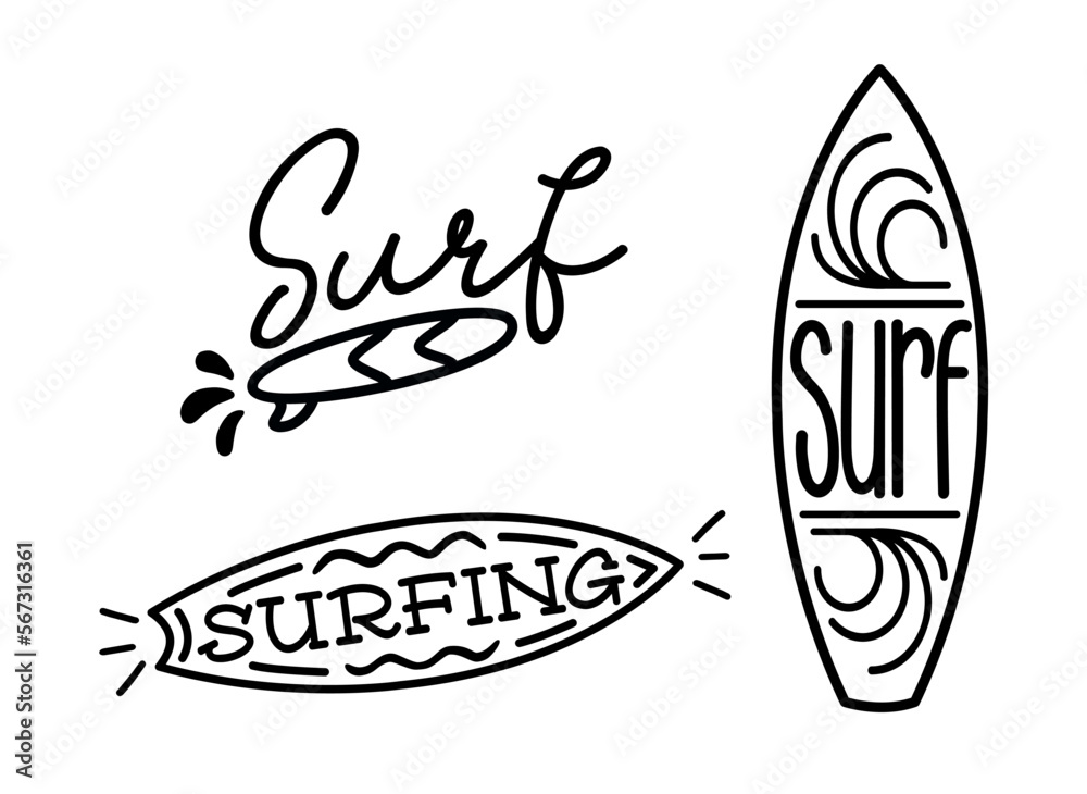 Surf. Minimal vector logo. Summer illustration. Surfboard set design ...