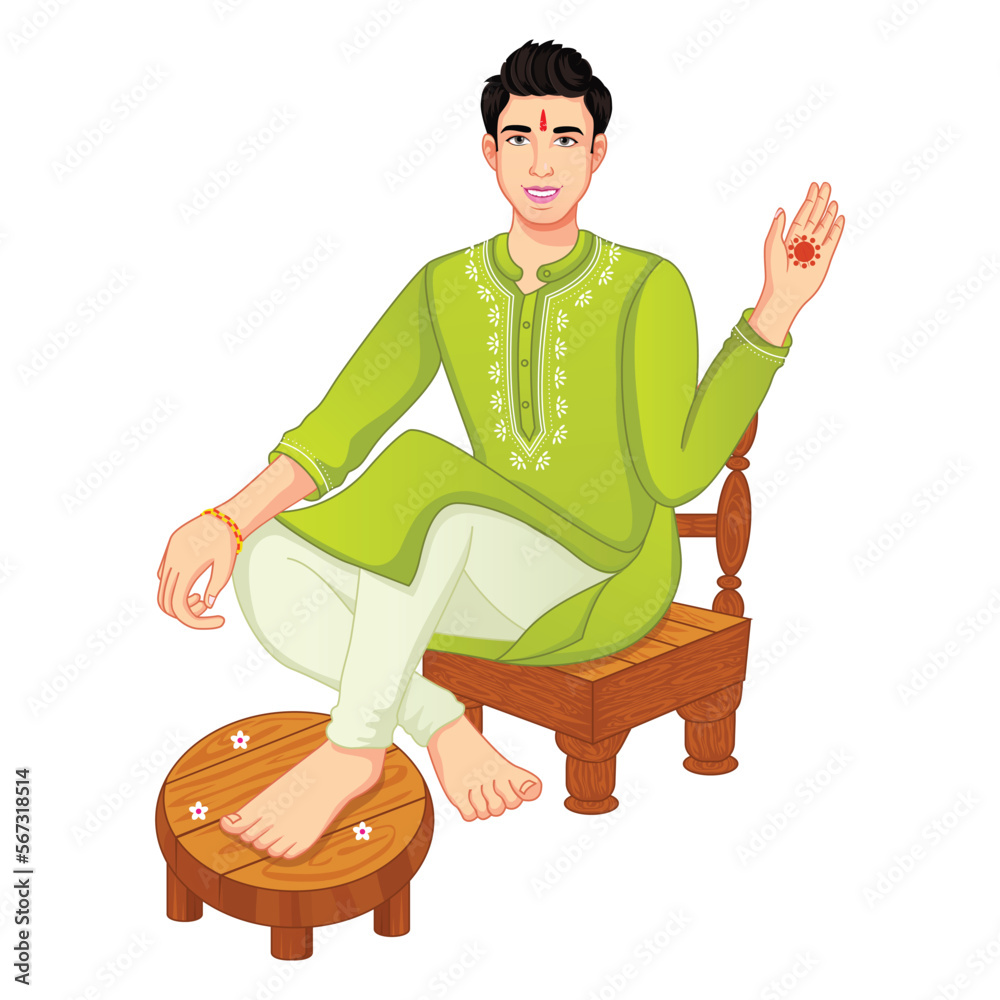 Indian Groom for Mehndi Ceremony Showing mehndi designs Stock Vector ...